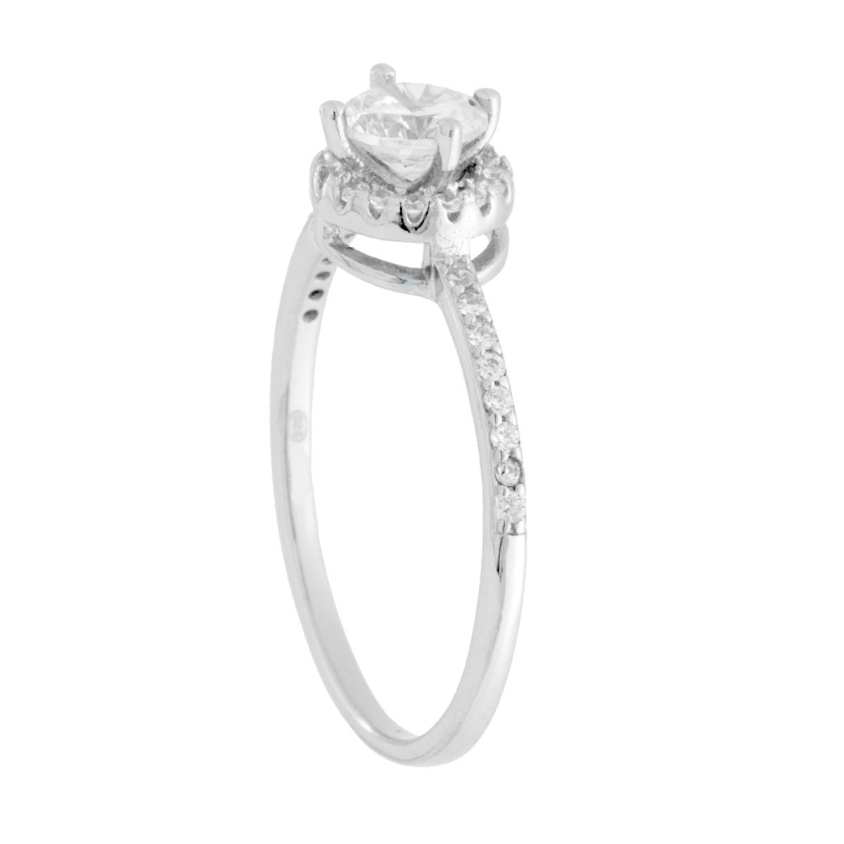 Anello Solitario con Zircone Tondo contornato con Zirconi Bianchi in ARGENTO 925 Galvanica Rodio ...