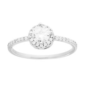 Anello Solitario con Zircone Tondo contornato con Zirconi Bianchi in ARGENTO 925 Galvanica Rodio ...