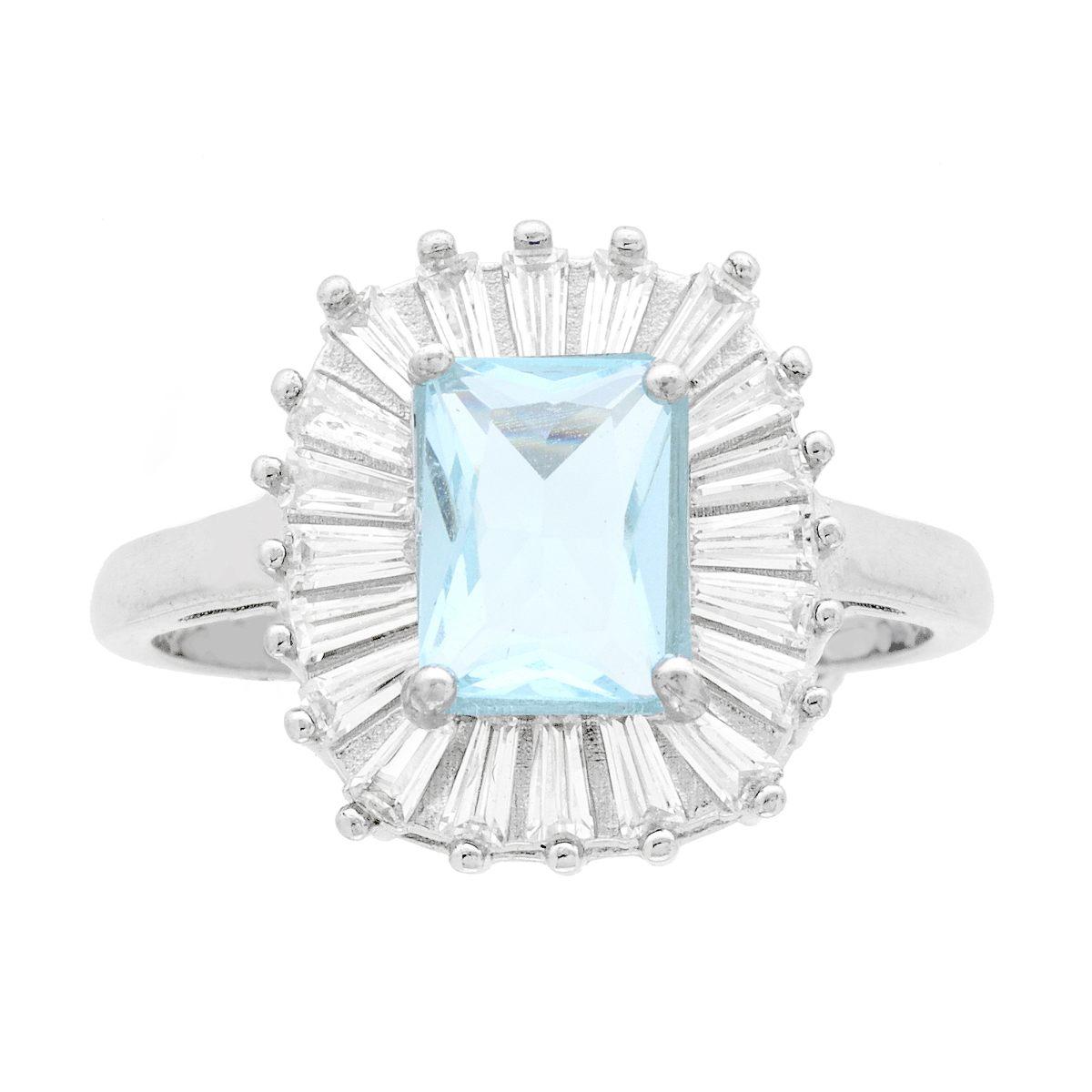 Anello Solitario Rettangolare Cubic Zirconia Acquamarina contornato da Cubic Zirconia Trapezio ...