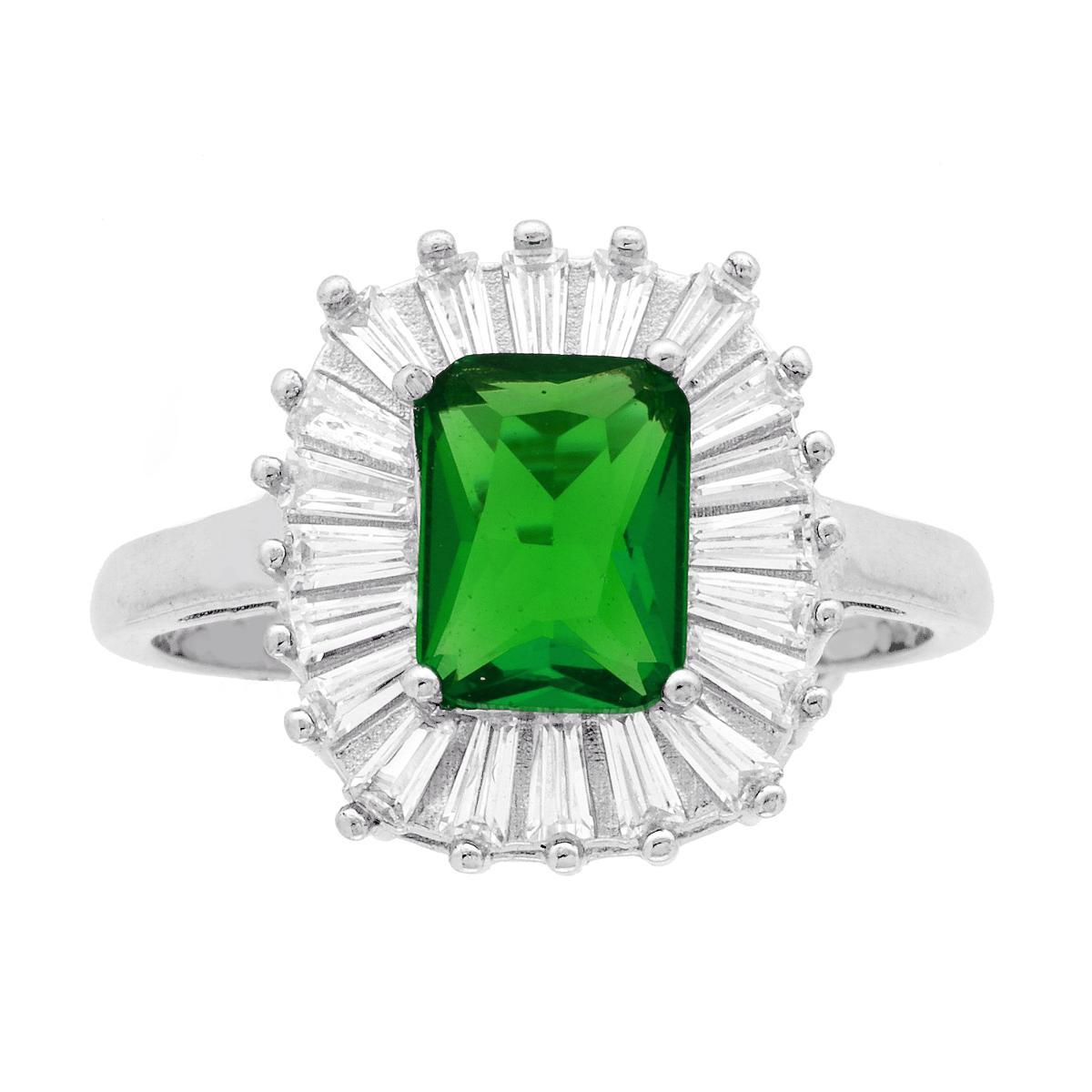 Anello Solitario Rettangolare Cubic Zirconia Verde Smeraldo contornato da Cubic Zirconia ...