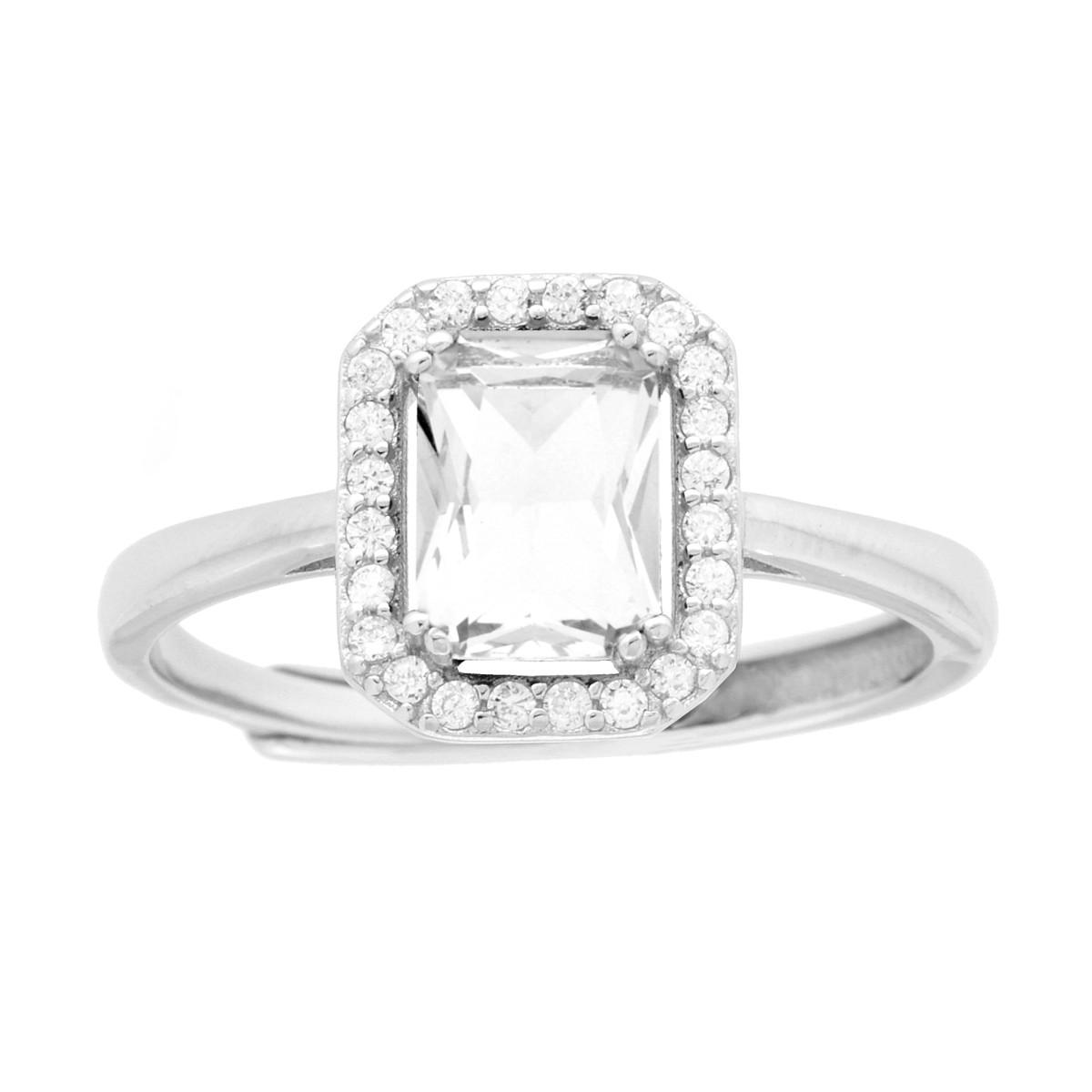 Anello Solitario Rettangolare Cubic Zirconia Bianco contornato da Cubic Zirconia Bianchi in ...