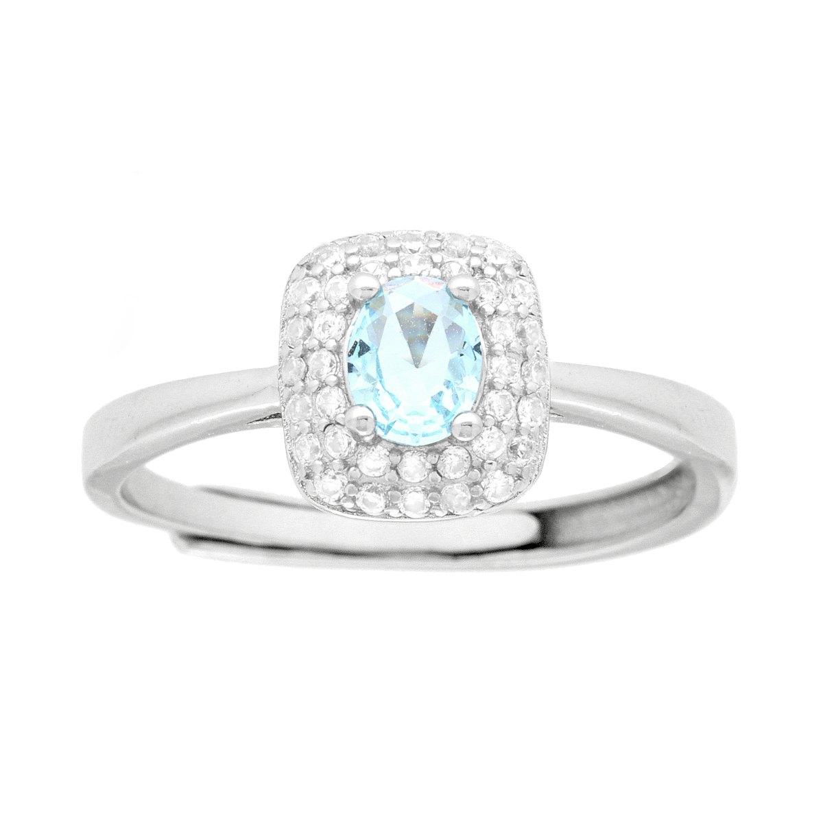 Anello Solitario Rettangolare Cubic Zirconia Ovale Acquamarina contornato da Cubic Zirconia ...